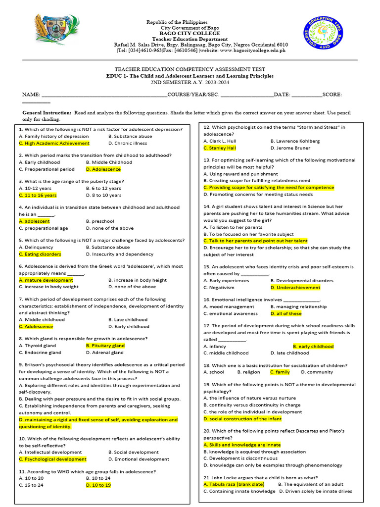 Educ 1 Exam | PDF | Psychology | Psychological Concepts