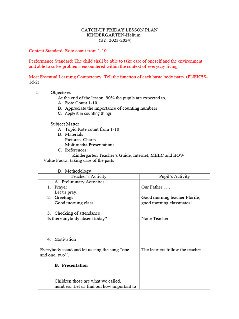 Kindergarten Counting Lesson Plan | PDF | Teachers | Lesson Plan