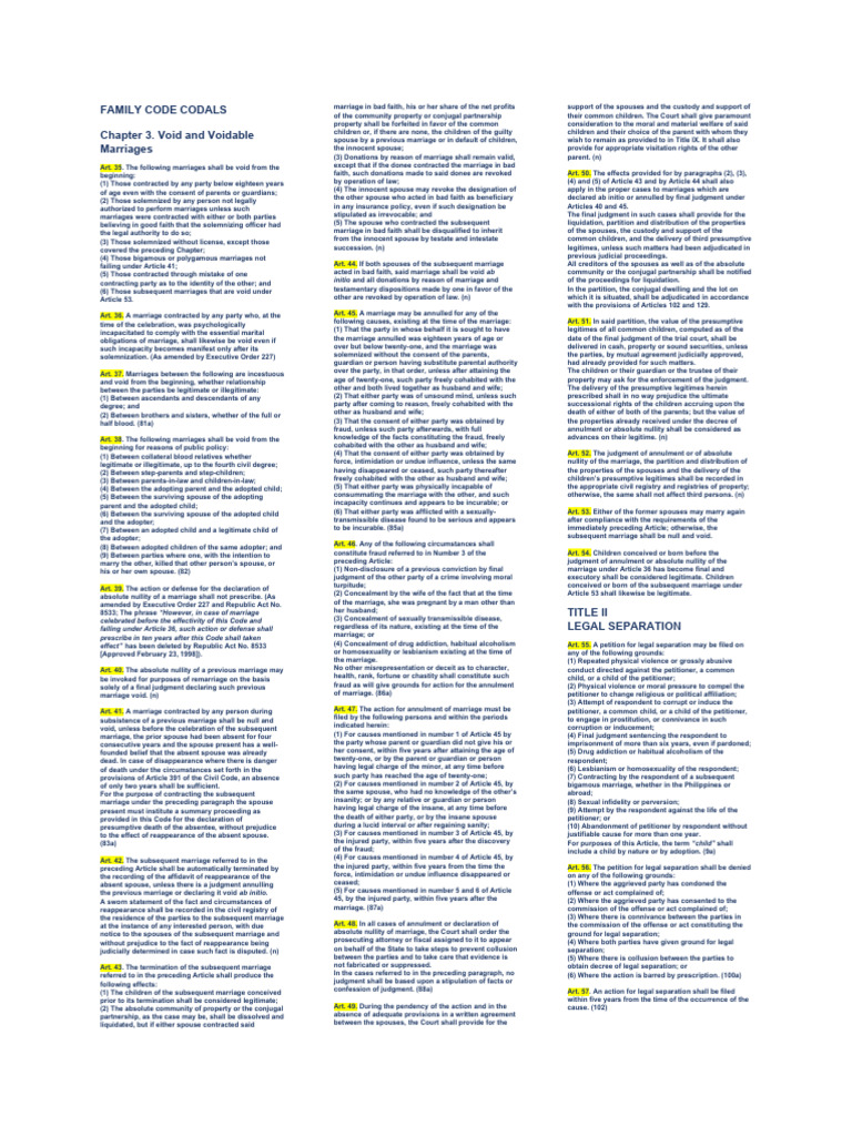Family Code Codals | PDF | Annulment | Marriage