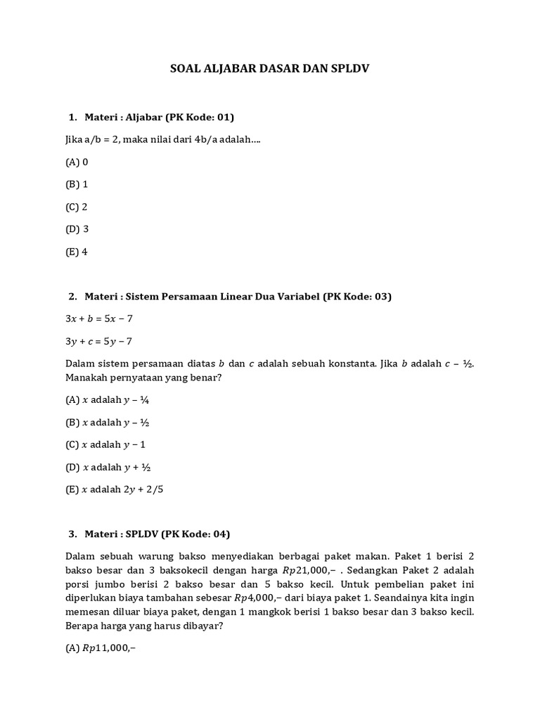 Soal Aljabar dan SPLDV Lengkap | PDF