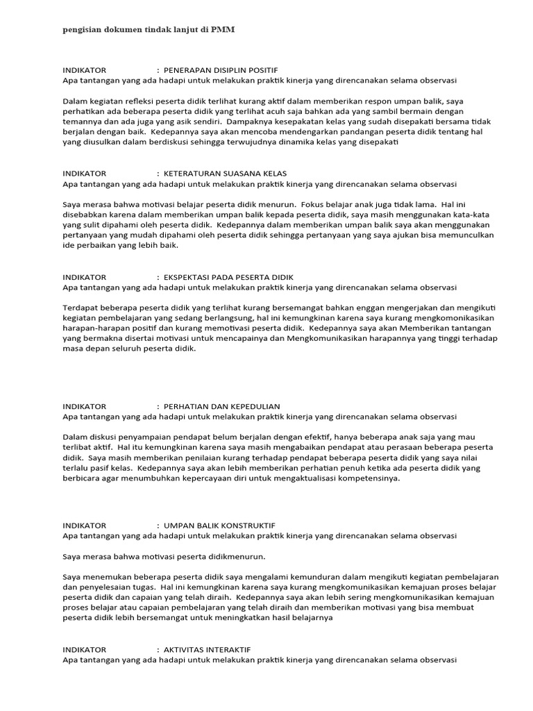 CONTOH PENGISIAN DOKUMEN TINDAK LANJUT Di PMM | PDF