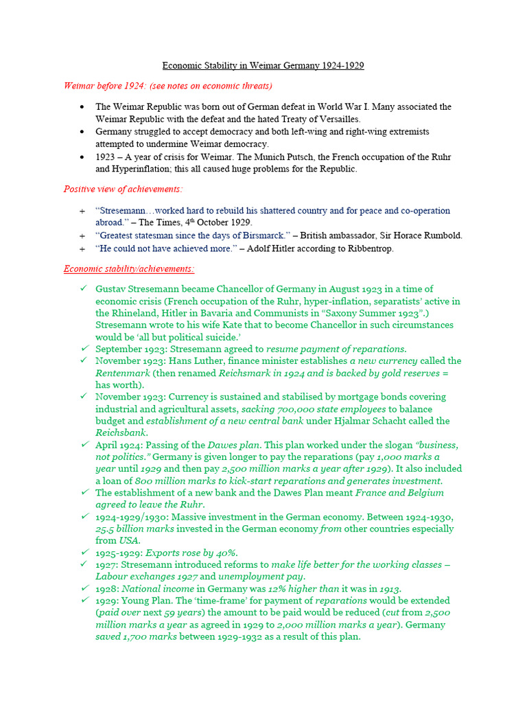 Economic Stability in Weimar Germany 1924-1929 and Stresemann | PDF ...