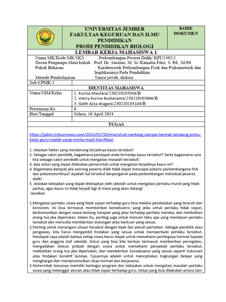 LKM 6 - Karakteristik Perkembangan Fisik Dan Psikomotorik Dan Implikasinya Pada Pendidikan Kel ...