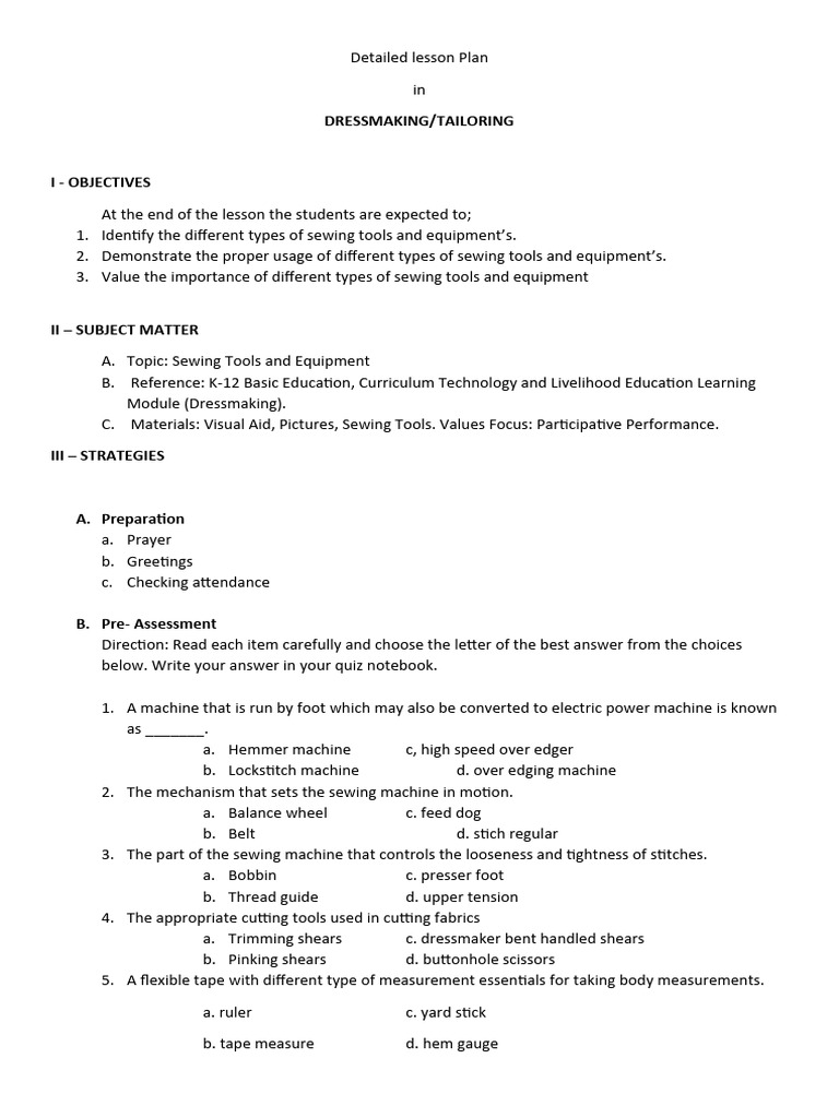 Detailed Lesson Plan - DressMaking | PDF | Sewing Machine | Sewing