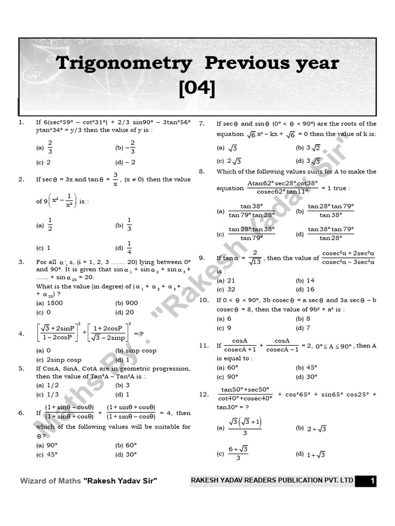 Trigonometry TCS PYQ Sheet - 04 | PDF | Trigonometry | Elementary Geometry