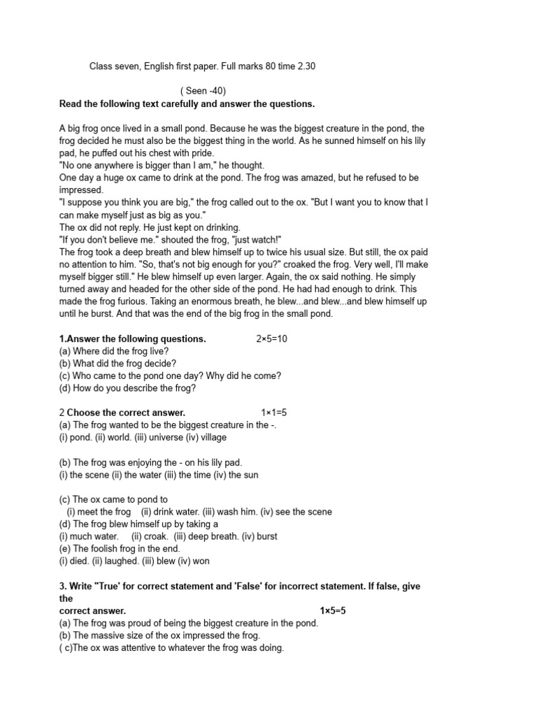 Class 7 English First Paper Model 2025 | PDF | Language Arts & Discipline