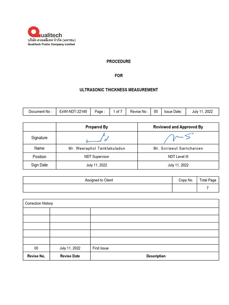 Ultrasonic Thickness Measurement Procedure | PDF | Calibration | Metrology