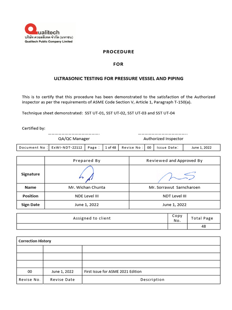 UT - ExWI-NDT-22112 Rev.00 - ASME Code | PDF | Welding | Construction