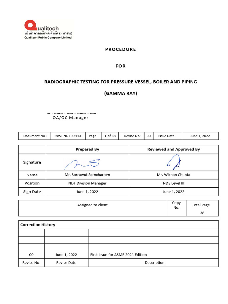RT - ExWI-NDT-22113 Rev.00 - ASME Code | PDF | Radiography | Radiation