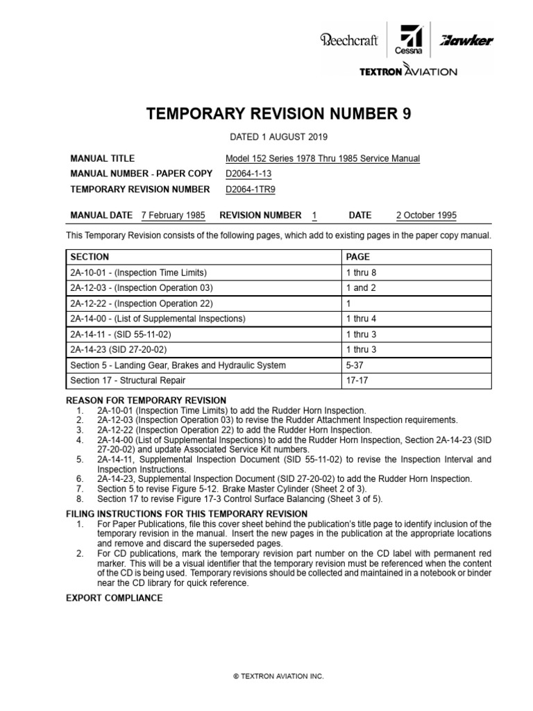 SM Cessna 152 Temporary Rev 9 | PDF | Axle | Spar (Aeronautics)