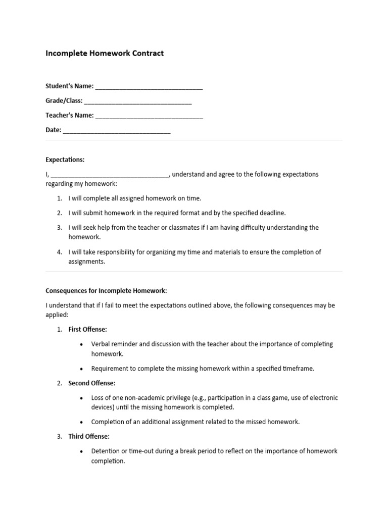 Homework Completion Agreement Template | PDF | Homework | Teachers