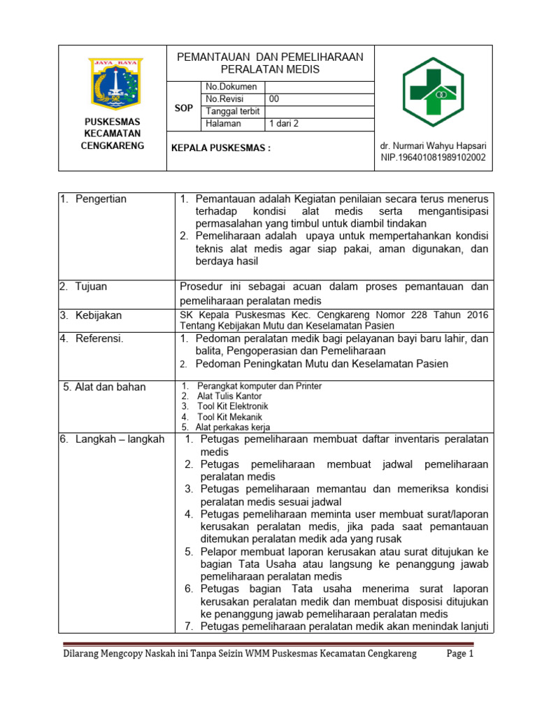 SOP Pemantauan Dan Pemeliharaan Peralatan Medik | PDF