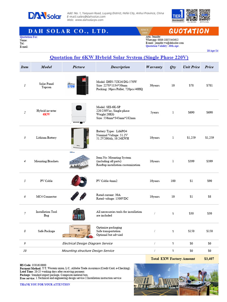 Quotation of DAH 6 KW Single Phase Hybrid Solar System | PDF | Solar ...