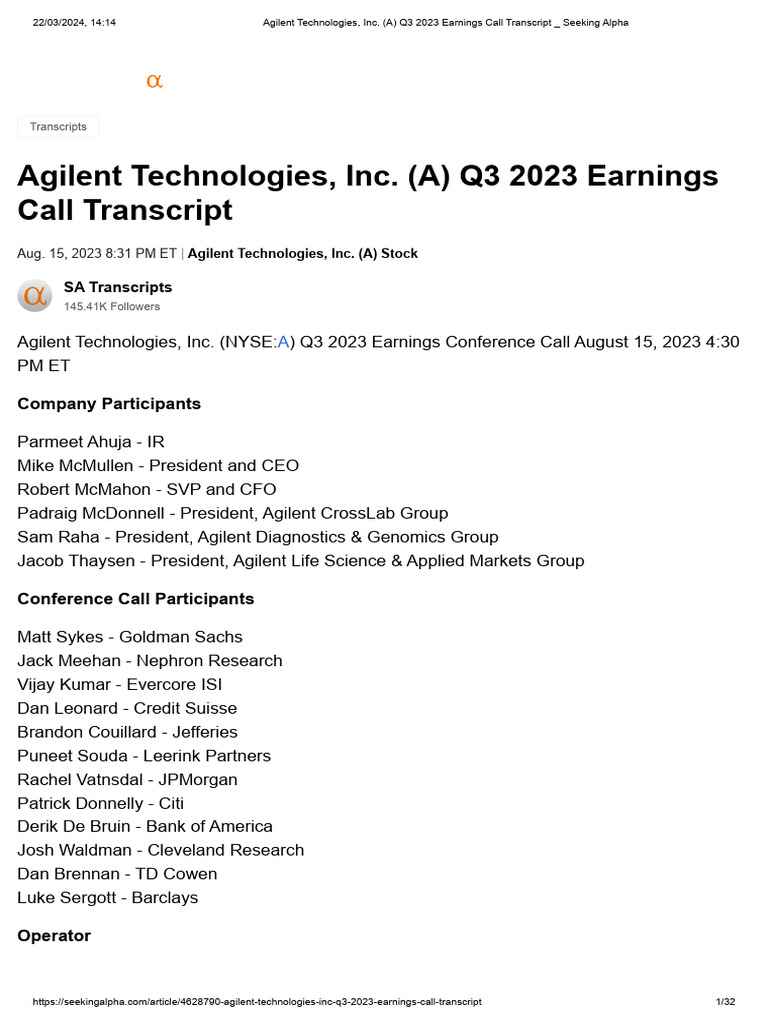 Agilent Technologies, Inc. (A) Q3 2023 Earnings Call Transcript - Seeking Alpha | PDF ...