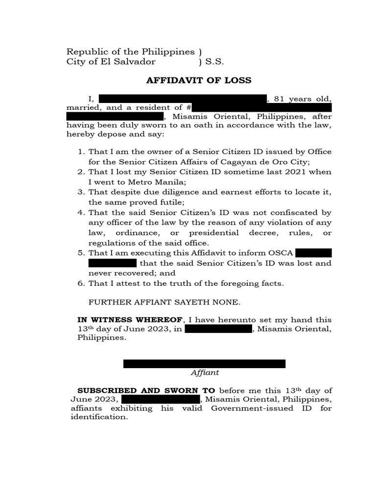 Affidavit of Loss Senior Citizen ID | PDF | Social Science