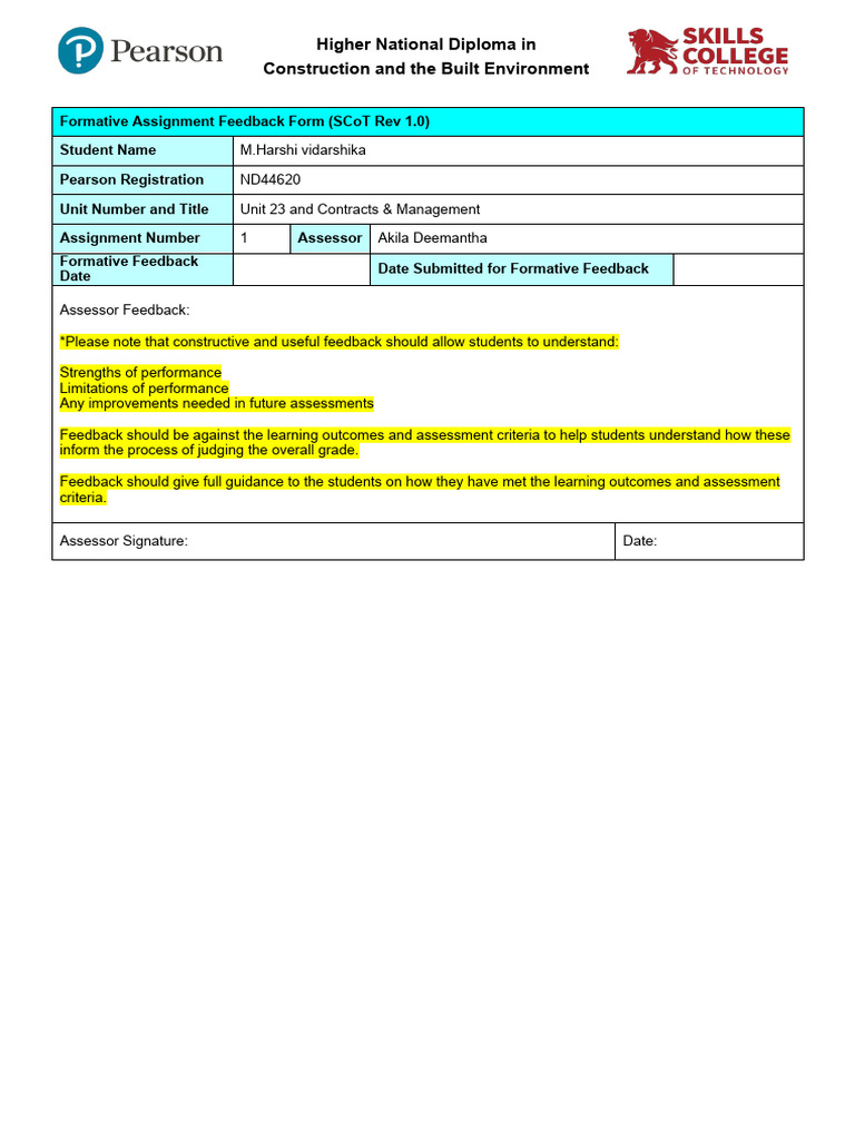 HND Construction Assignment Feedback Form | PDF | Career & Growth