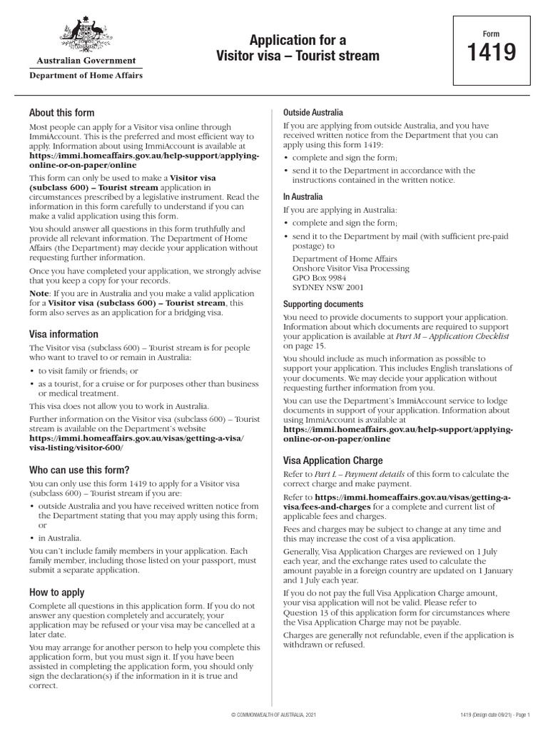 1419 - Application for a Visitor Visa - Tourist Stream | PDF | Travel Visa