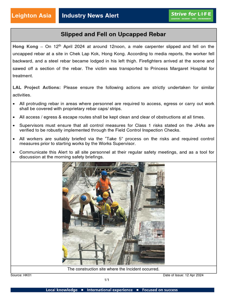 HK - Industry News - Slipped and Fell On Upcapped Rebar | PDF