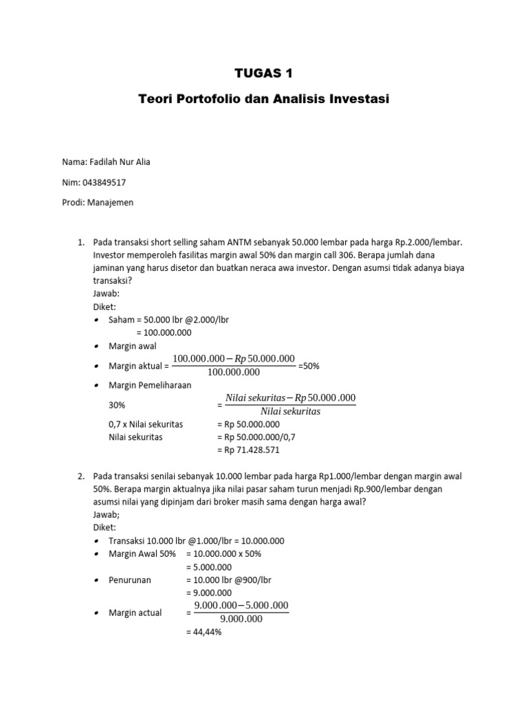 TUGAS 1 - Teori Portofolio Dan Analisis Investasi - Fadilah Nuralia - smstr6.1-1 | PDF