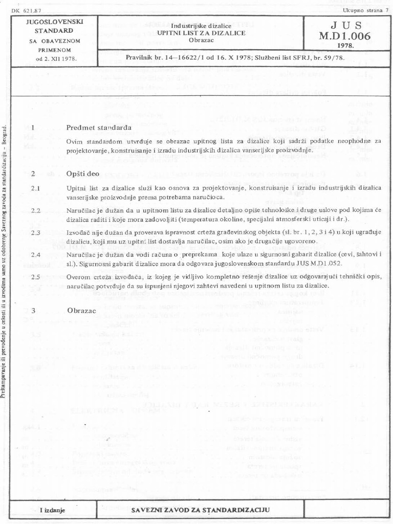 JUS M.D1.006-Upitni List Za Dizalice - BMP | PDF