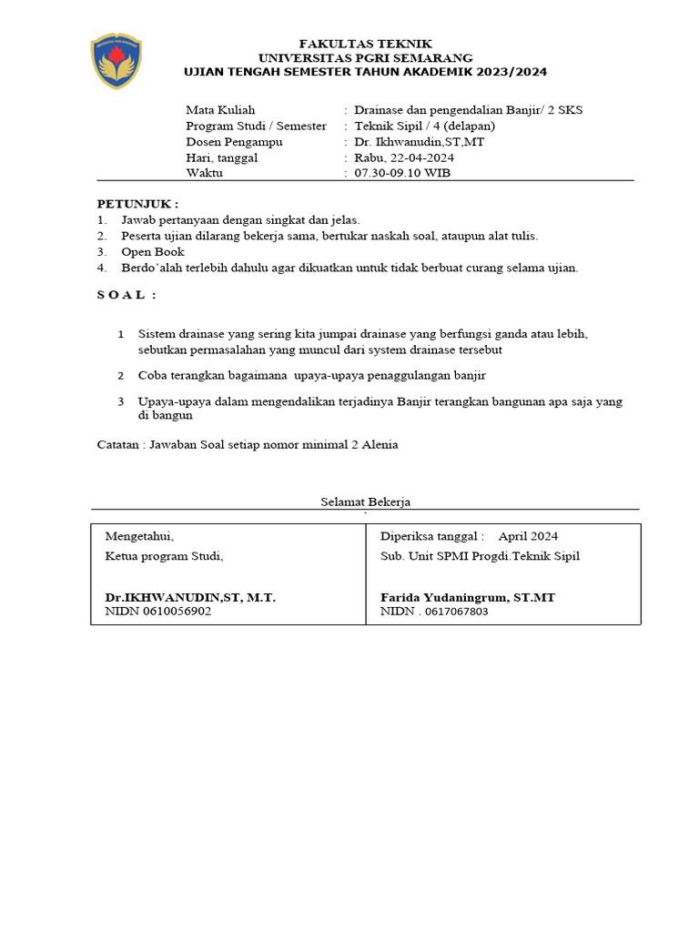 Soal UTS Genap Drainase 2024 | PDF | Teknologi & Rekayasa