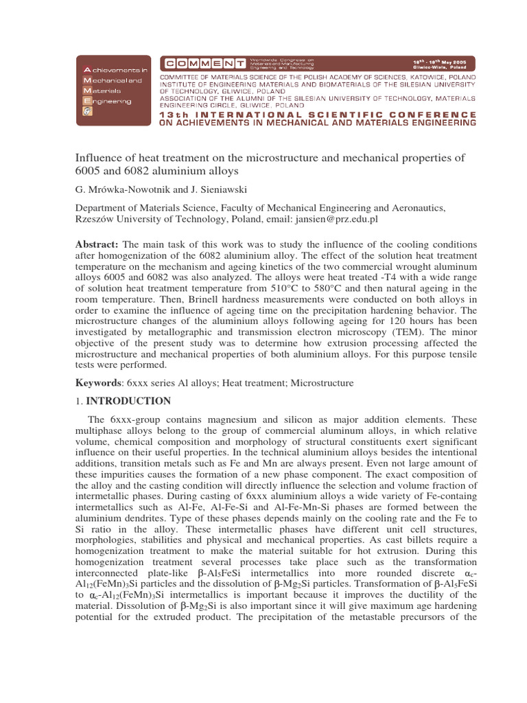 Influence of Heat Treatment On The Microstructure and Mechanical Properties of 6005 and 6082 ...