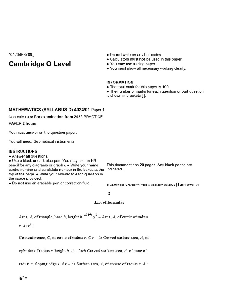 4024 Y25 PracticePaper Paper1 | PDF | Area | Elementary Mathematics