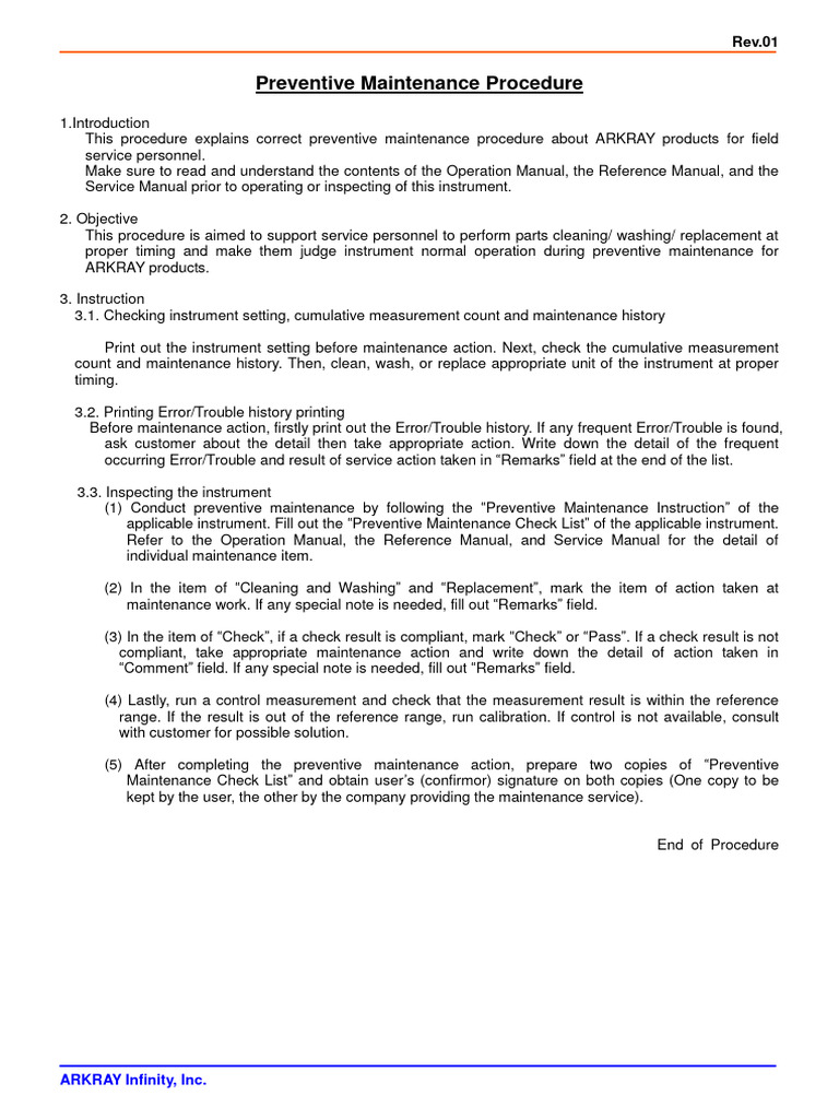 Preventive Maintenance Procedure - Rev.01 | PDF