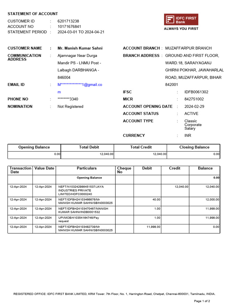IDFCFIRSTBankstatement_10171676841_214940570 | PDF | Debit Card | Credit Card