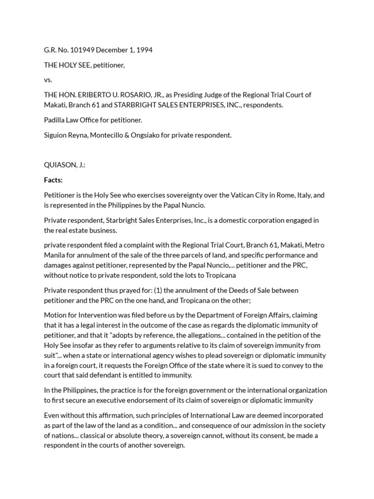 Holy See Sovereign Immunity Case Summary | PDF | Holy See | Diplomatic ...