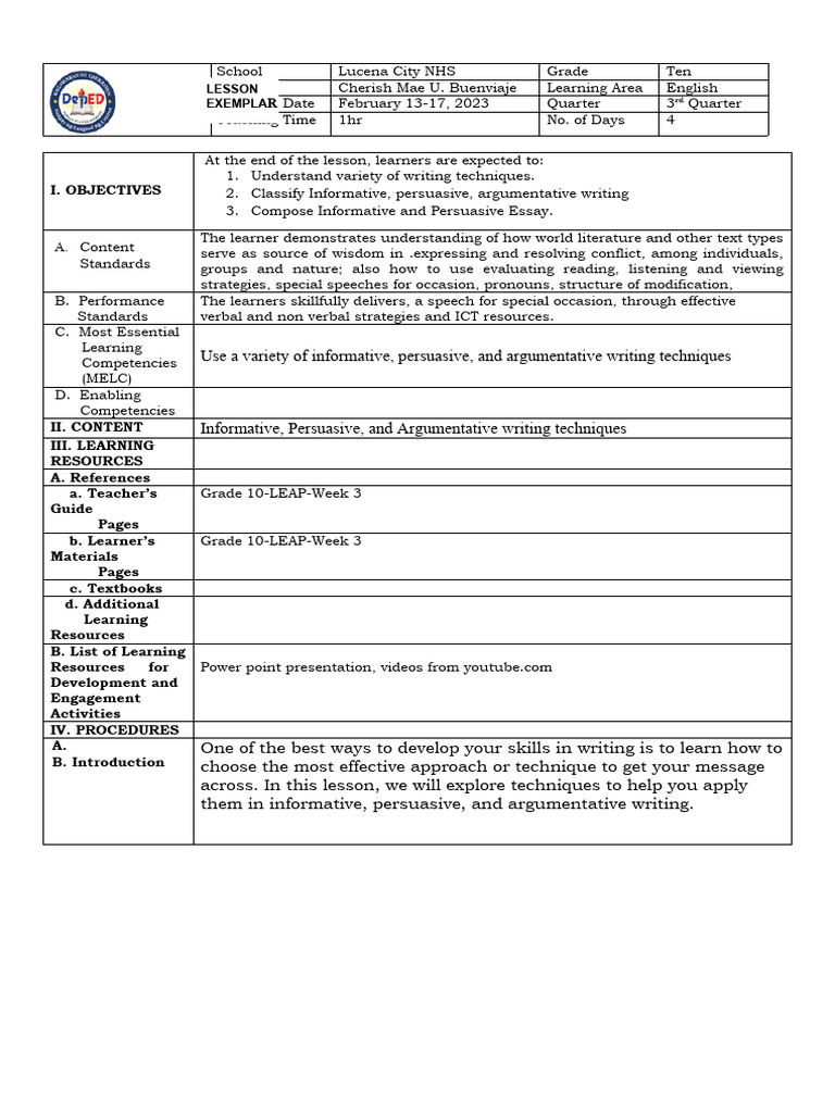 Lesson Exemplar 3rd | PDF | Learning | Persuasion