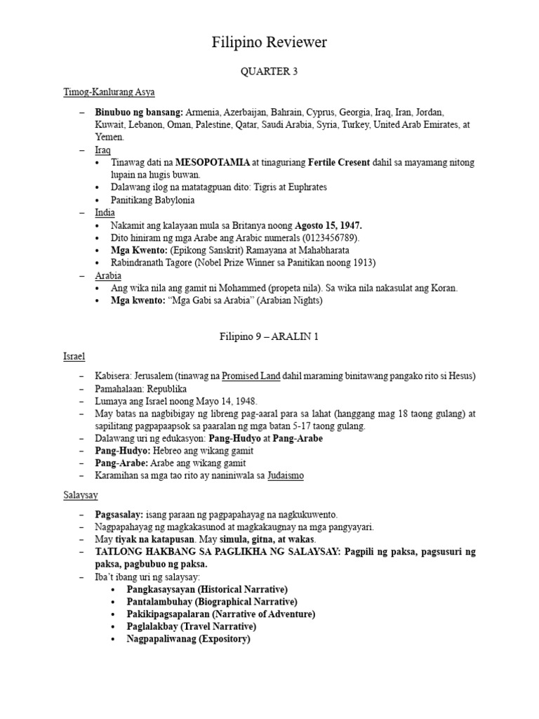 Filipino Reviewer - Third Quarter | PDF