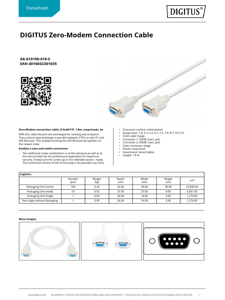 DIGITUS Zero-Modem Connection Cable: AK-610100-018-E EAN 4016032301035 ...