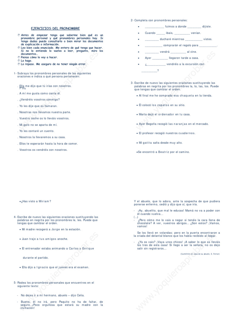 Ejercicios de Pronombres Personales | PDF