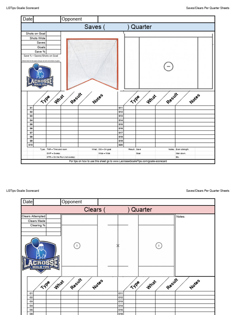 LGTips-Goalie-Scorecard-Saves_Clears-Per-Quarter-Sheets | PDF