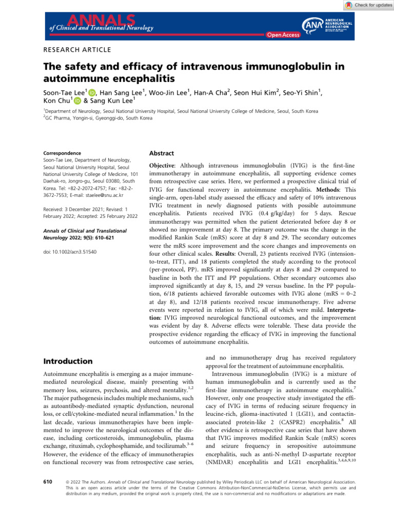 Ann Clin Transl Neurol - 2022 - Lee - The Safety and Efficacy of Intravenous Immunoglobulin in ...
