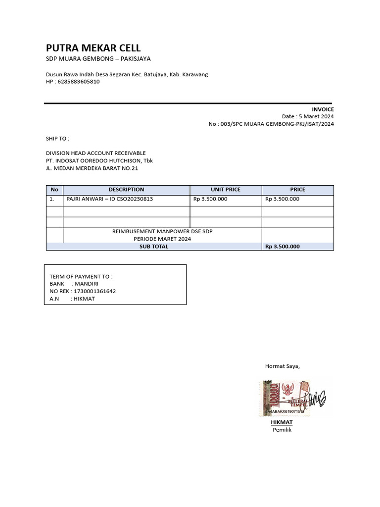 Invoice Reimbursement DSE Februari 2024 Putra Mekar Cell | PDF