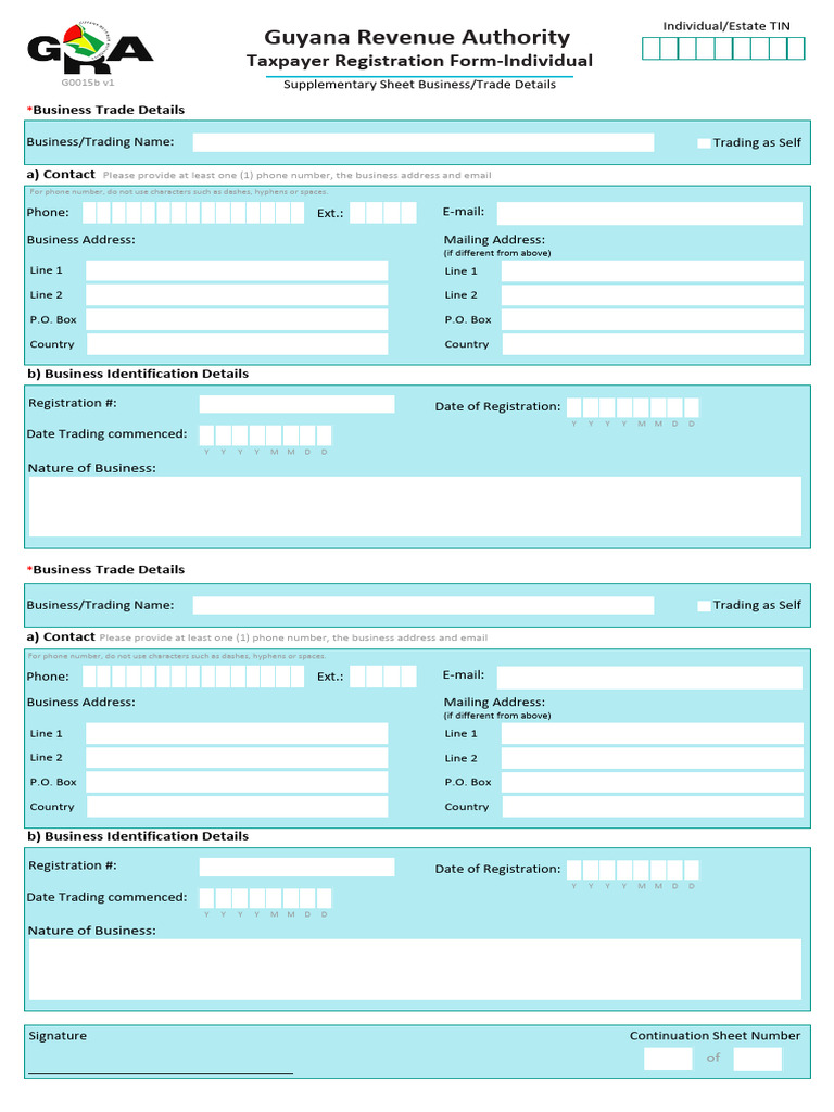 G0015b Taxpayer Registration Form Individual Supplementary Business ...
