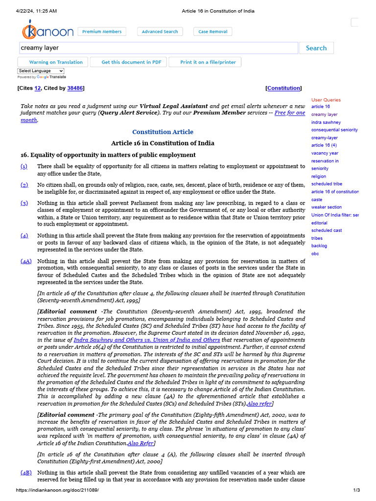 Article 16 in Constitution of India | PDF | Justice | Crime & Violence