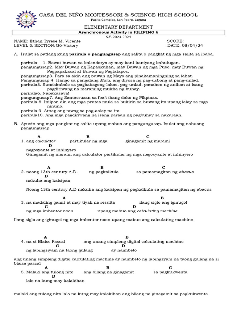 Filipino 6 Seatwork | PDF