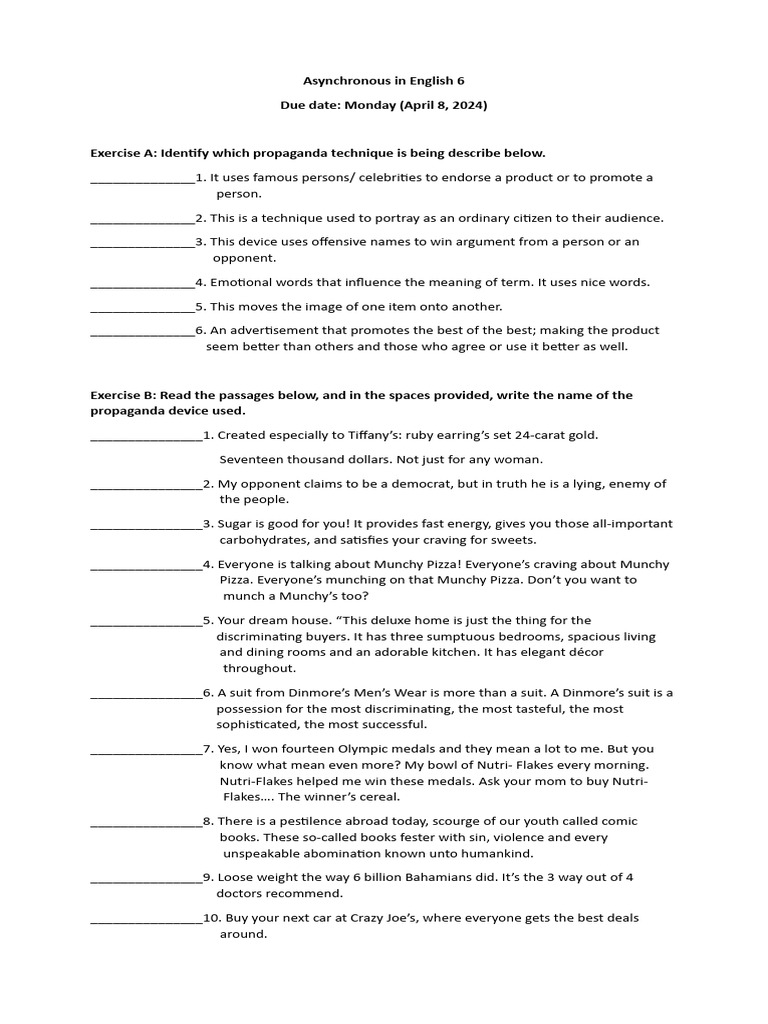 Propaganda Techniques for Grade 6 | PDF