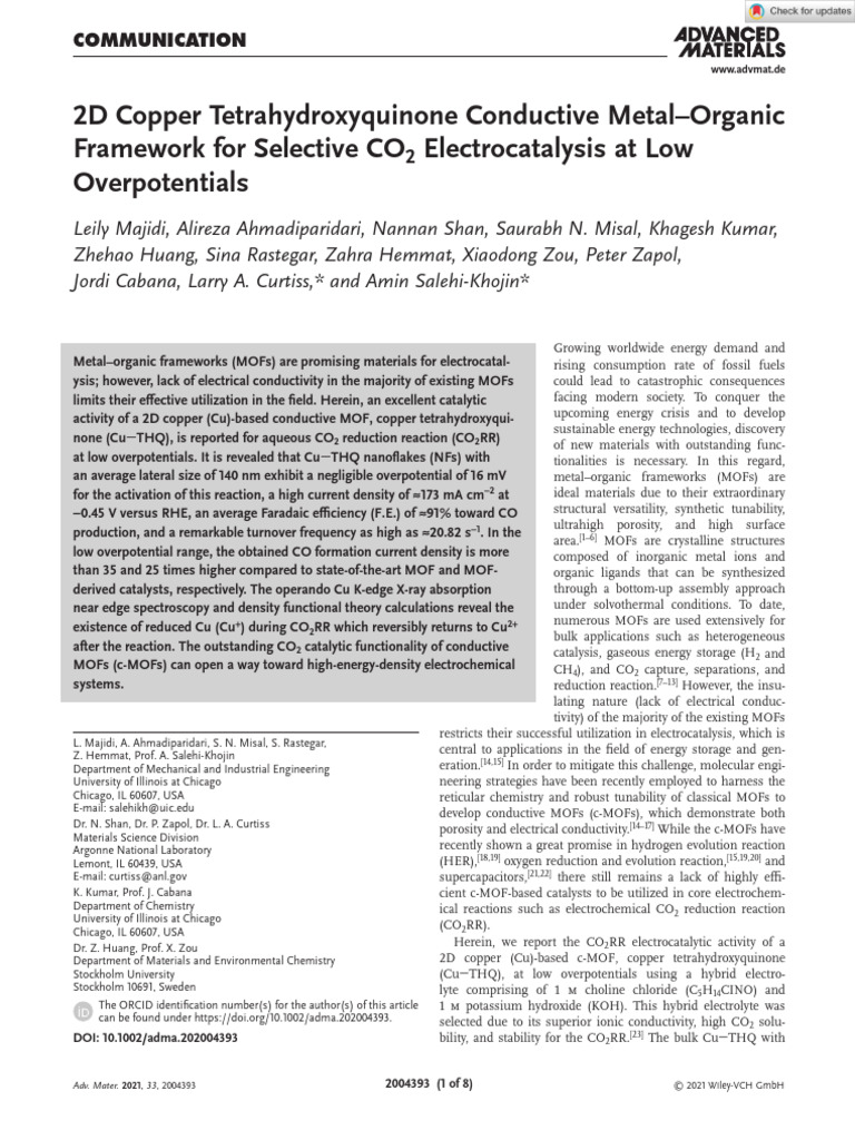 Advanced Materials - 2021 - Majidi - 2D Copper Tetrahydroxyquinone ...