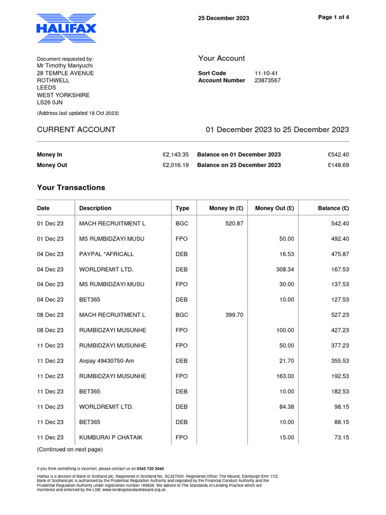 Tim Halifax Bank Statement | Download Free PDF | Banks | Banking