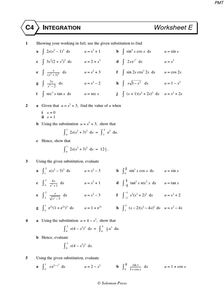 Calculus Integration Substitution Worksheet | PDF