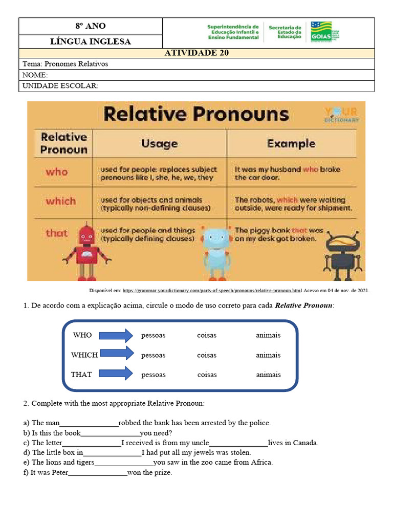 Atividade 20 8o LI Relative Pronouns | PDF | Syntax | Grammar