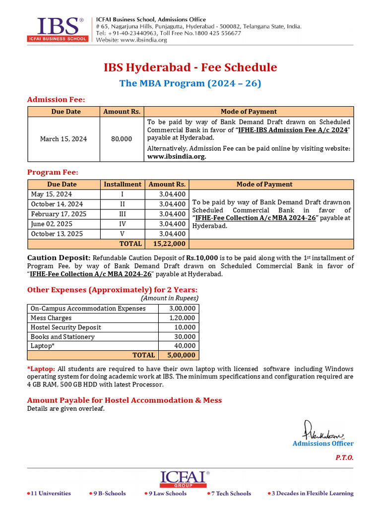 Fee Schedule MBA-Hyderabad | PDF | Fee | Computer Architecture