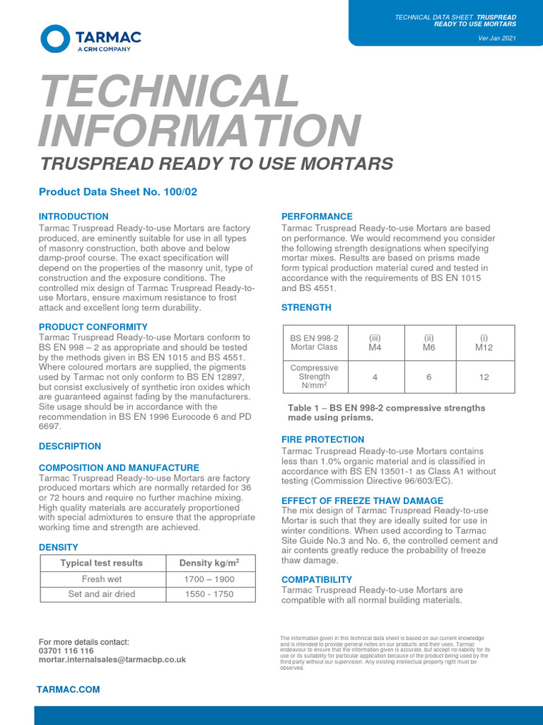 Technical Data Sheet - READY TO USE MORTAR | PDF | Concrete | Mortar ...