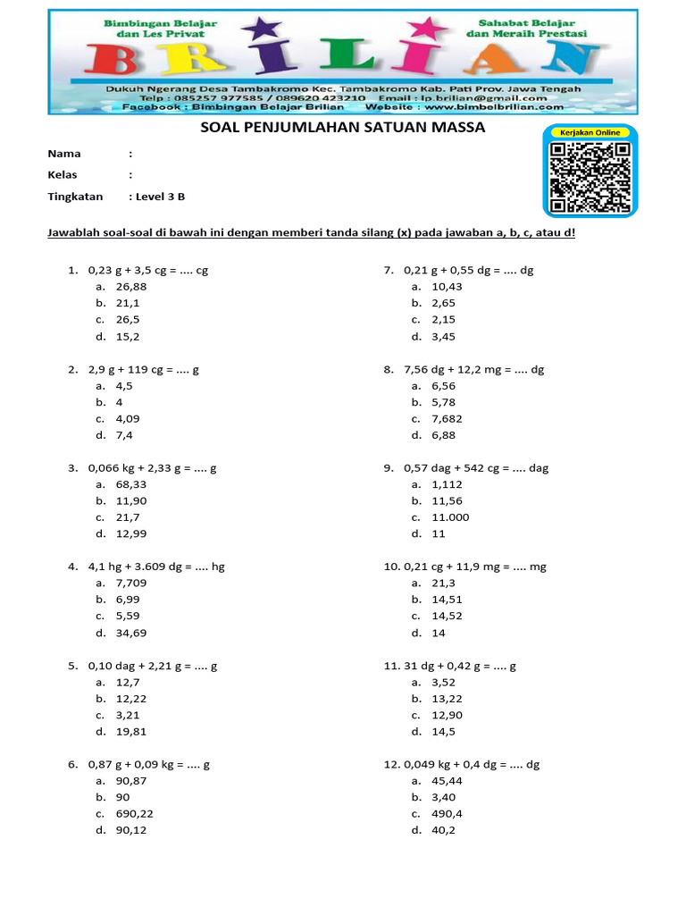 Soal Penjumlahan Satuan Massa Level 3 B | PDF
