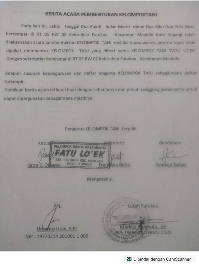 Berita Acara Pembentukan Pok Tani Fatu Lo'Ek | PDF
