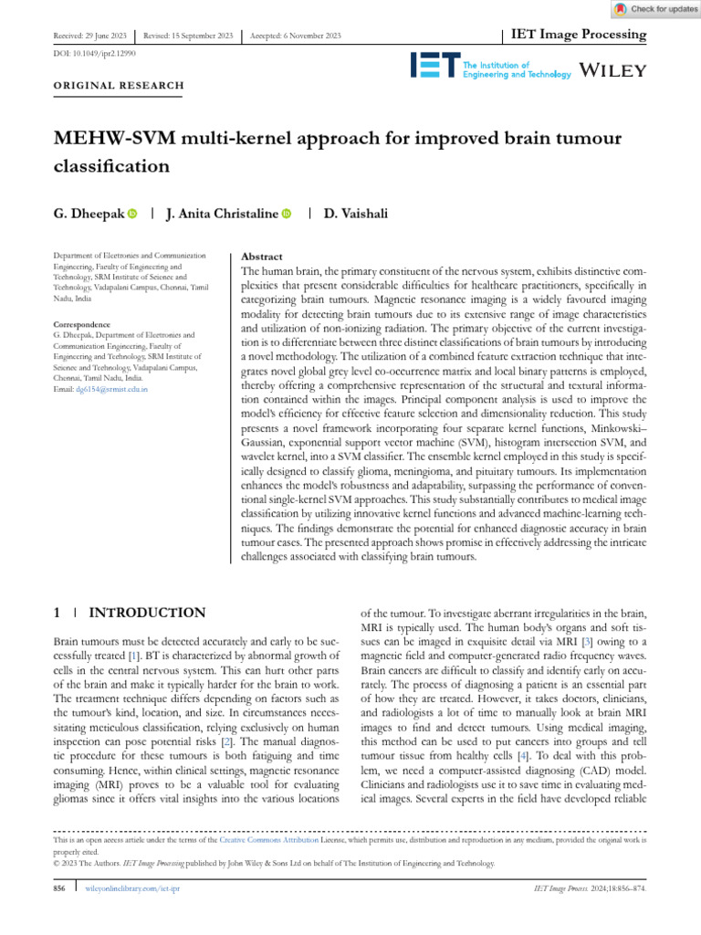 IET Image Processing - 2023 - Dheepak - MEHW SVM Multi Kernel Approach For Improved Brain Tumour ...